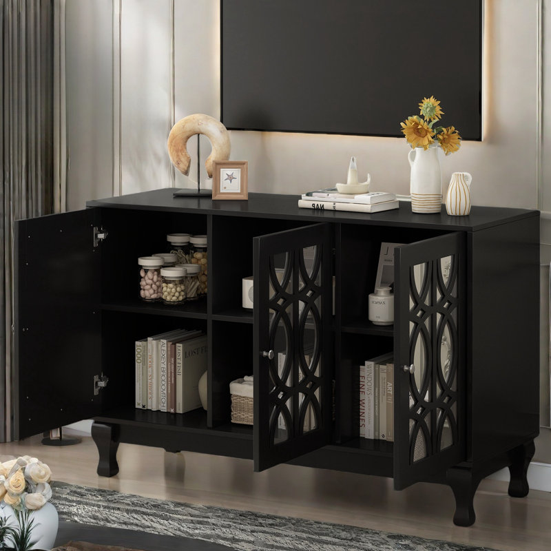 Winston Porter Three Door Mirrored Sideboard With Metal Handles 3 Adjustable Shelves And Geometric Patterns Wayfair Sideboards Buffets